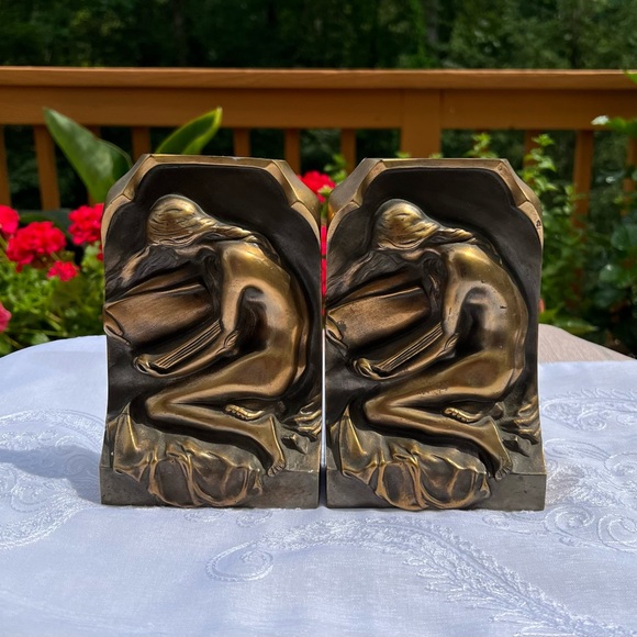 Art | Vintage Bronze Art Nouveau Bookends Lady Reading Book Preowned ...
